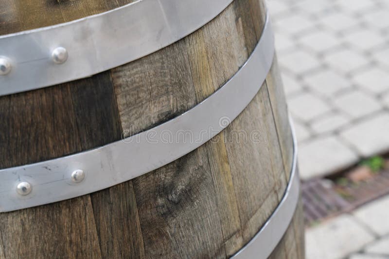 Oak Barrel with Iron Hoops Close Up on Blurred Background of City ...