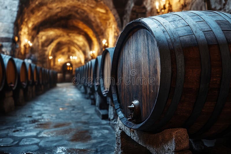 Oak Barrels Aging Traditional Wine Cellar Showcasing Winemaking Process ...