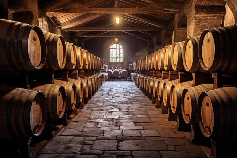 Oak Barrels Aging Wine in a Rustic Cellar Stock Image - Image of ...
