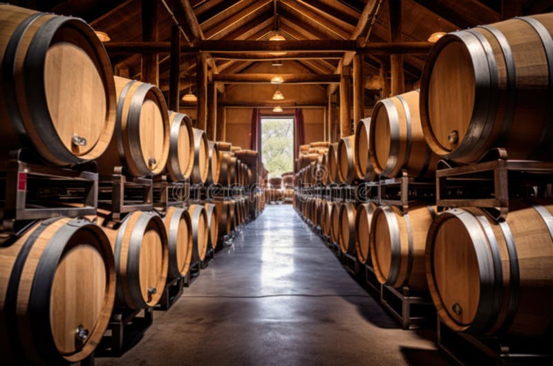 AI Generated Picture of the Winery with Rows of Wine Barrels Stock ...