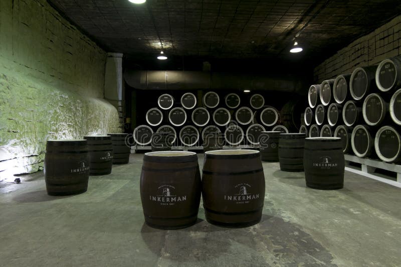Oak Barrels with Wine in the Cellars of the Inkerman Winery in the ...