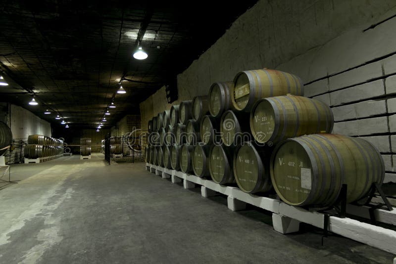 Oak Barrels with Wine in the Cellars of the Inkerman Winery in the ...
