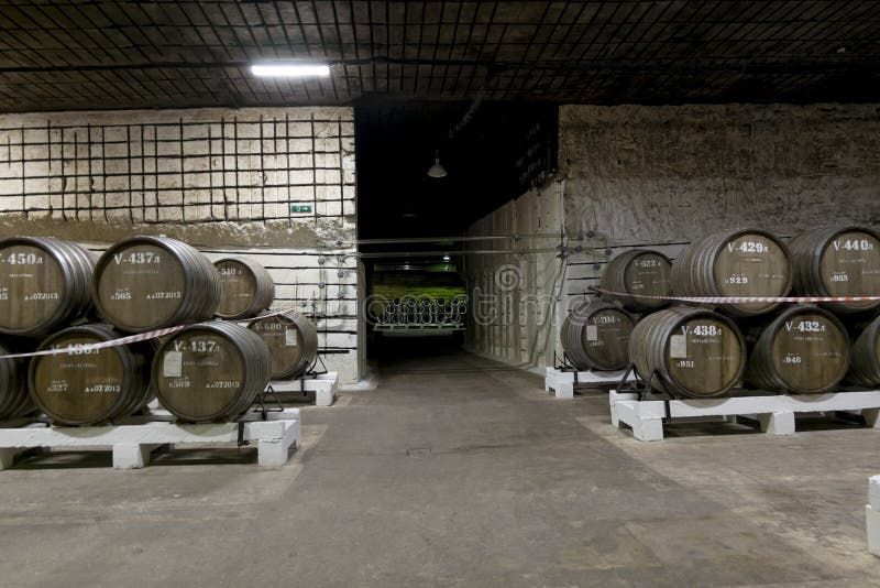 Oak Barrels with Wine in the Cellars of the Inkerman Winery in the ...