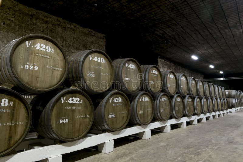 Oak Barrels with Wine in the Cellars of the Inkerman Winery in the ...