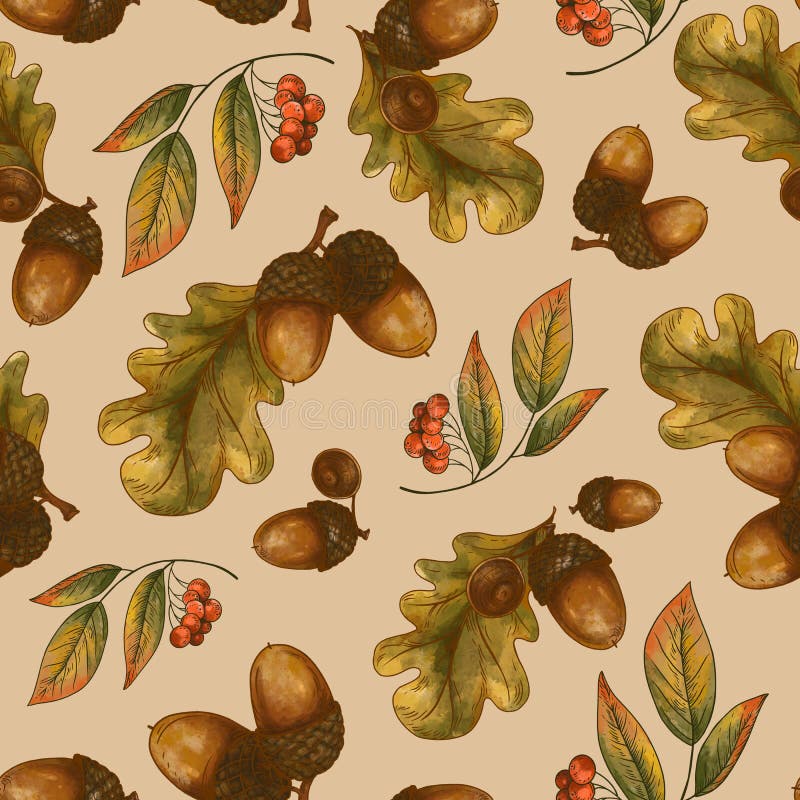 Oak Fall Leaves Seamless Pattern, Autumn Acorn Texture Stock Photo ...