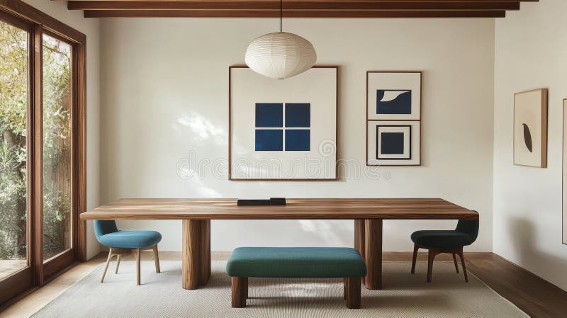 An Oak Table and Blue Chairs are the Focal Points of a Minimalist ...