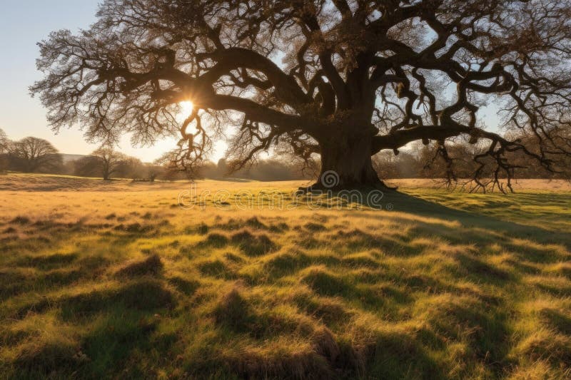 Oak Tree Casting Shadow on a Meadow Stock Illustration - Illustration ...