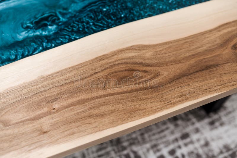 Oak Tree is Combined with Epoxy Resin of Blue Color. Coffee Table Stock ...