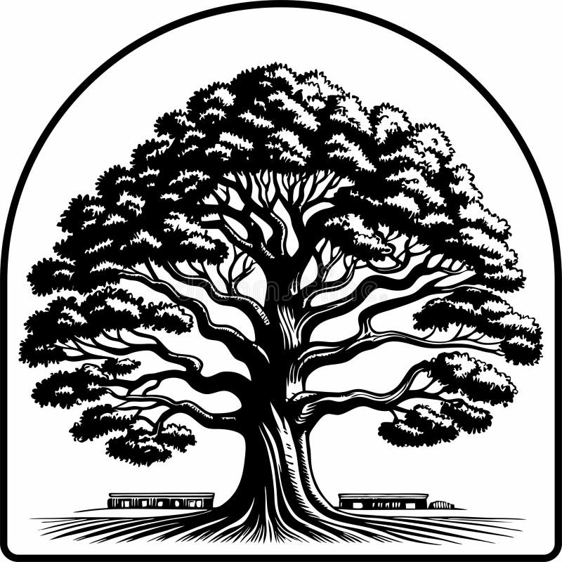 Oak Tree with Expansive Roots Engraving Illustration Vector Sketch. Ink ...