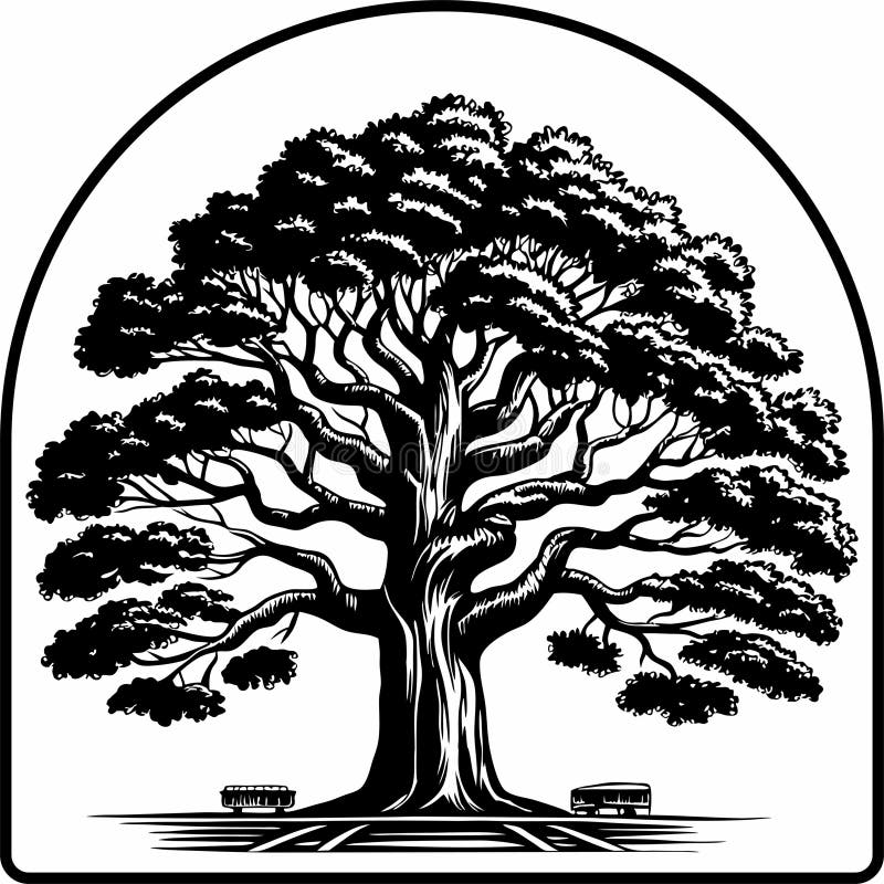 Oak Tree with Expansive Roots Engraving Illustration Vector Sketch. Ink ...