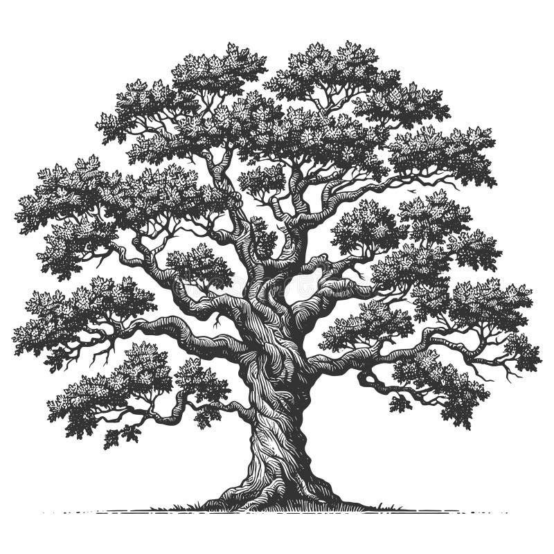 Oak Tree with Expansive Roots Engraving Vector Stock Illustration ...