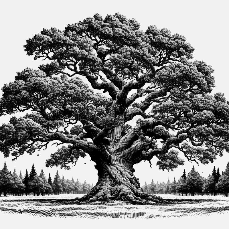 Oak Tree with Expansive Roots Engraving Vector Stock Vector ...