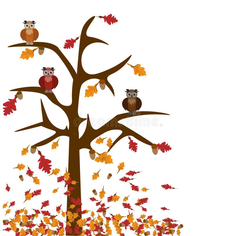 An Oak Tree with Falling Leaves and Owls Stock Vector - Illustration of ...