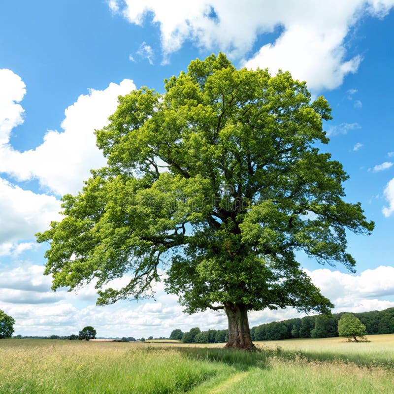 Oak Tree in Full Leaf Standing Alone in a Field Stock Illustration ...