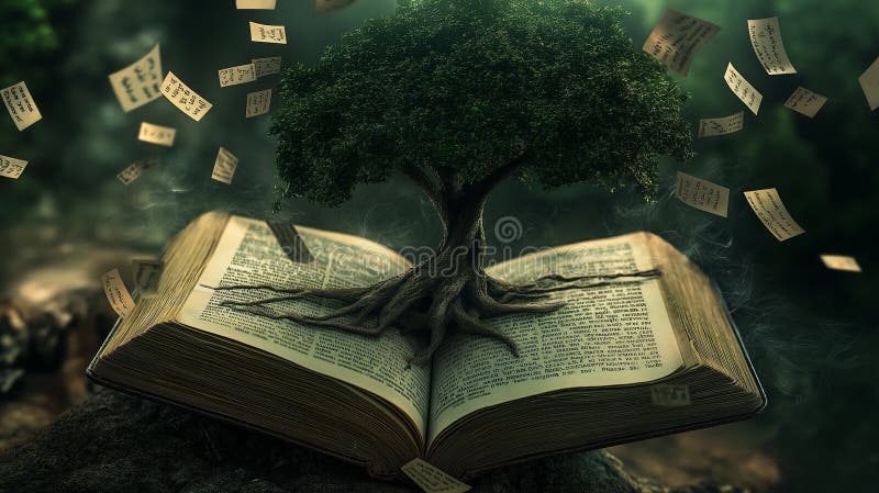 Oak Tree Growing from an Open Book and Letters Flying Stock Image ...