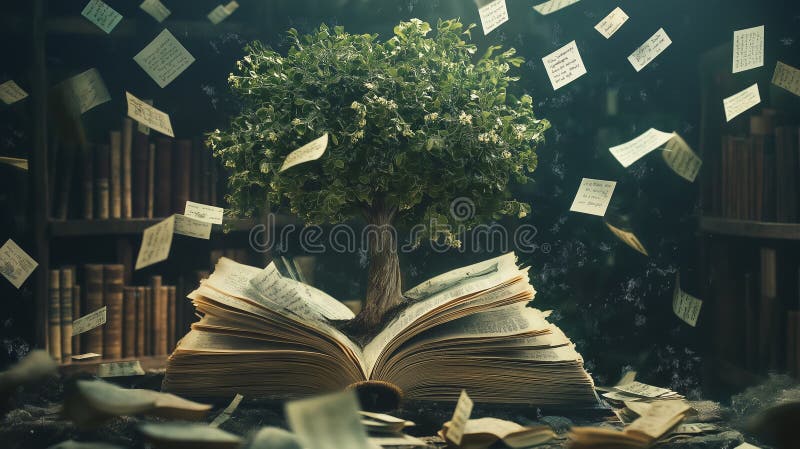 Oak Tree Growing from an Open Book and Letters Flying Stock Image ...