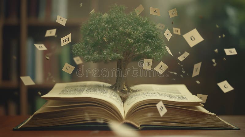 Oak Tree Growing from an Open Book and Letters Flying Stock Image ...