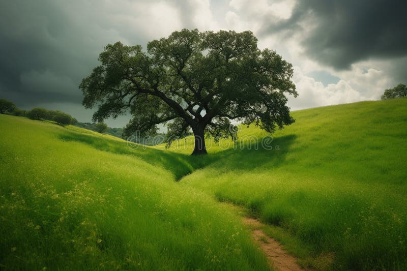 Oak Tree in Meadow. Calming Landscape of a Meadow with an Oak Tree in ...