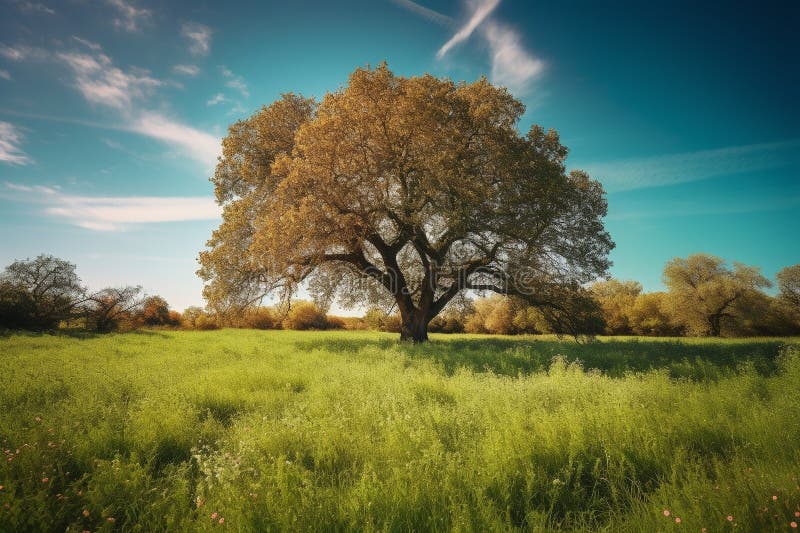 Oak Tree in Meadow. Calming Landscape of a Meadow with an Oak Tree in ...