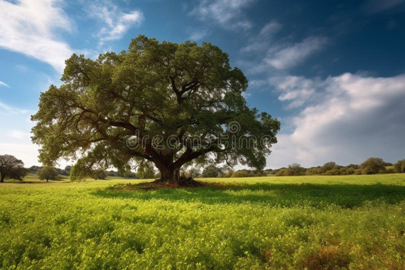 Oak Tree in Meadow. Calming Landscape of a Meadow with an Oak Tree in ...