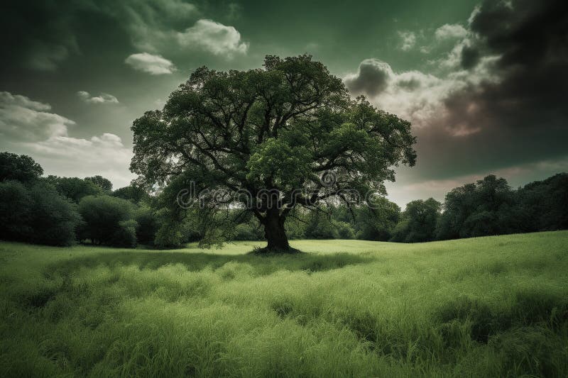 Oak Tree in Meadow. Calming Landscape of a Meadow with an Oak Tree in ...