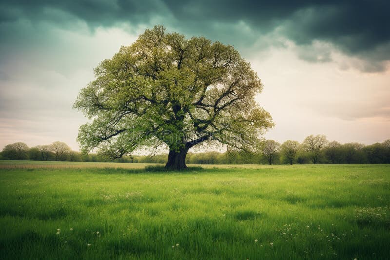 Oak Tree in Meadow. Calming Landscape of a Meadow with an Oak Tree in ...