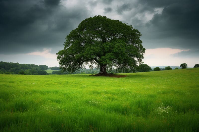 Oak Tree in Meadow. Calming Landscape of a Meadow with an Oak Tree in ...