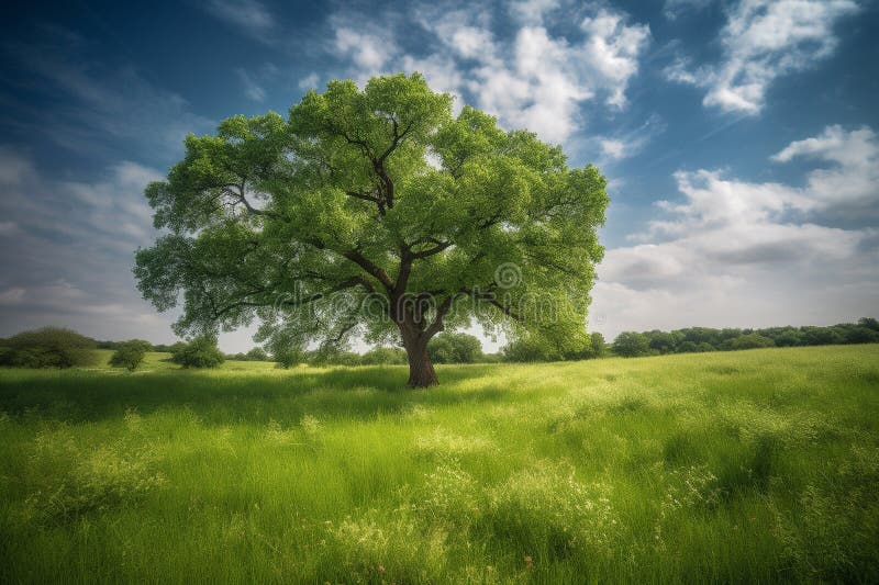 Oak Tree in Meadow. Calming Landscape of a Meadow with an Oak Tree in ...