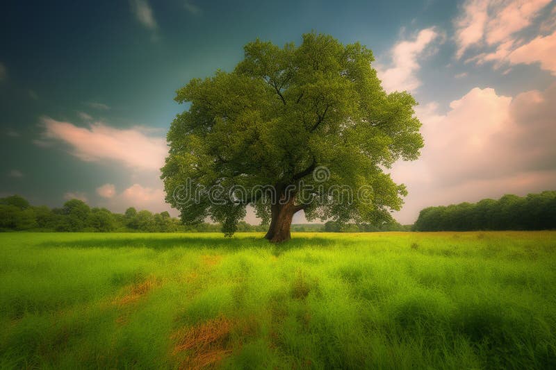 Oak Tree in Meadow. Calming Landscape of a Meadow with an Oak Tree in ...