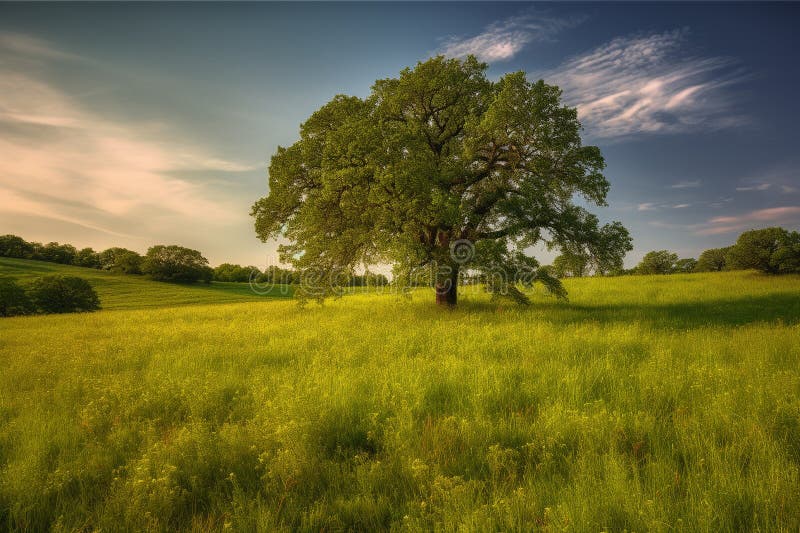 Oak Tree in Meadow. Calming Landscape of a Meadow with an Oak Tree in ...