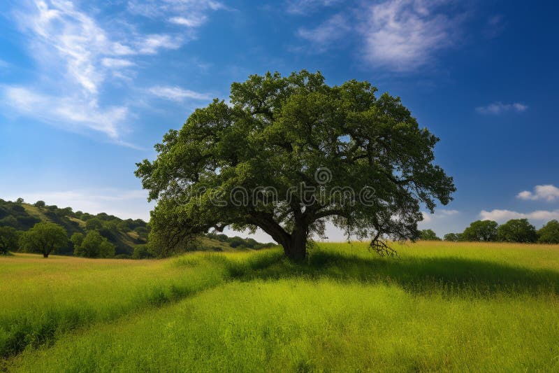 Oak Tree in Meadow. Calming Landscape of a Meadow with an Oak Tree in ...