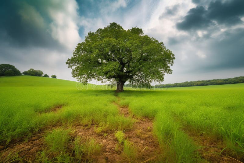 Oak Tree in Meadow. Calming Landscape of a Meadow with an Oak Tree in ...