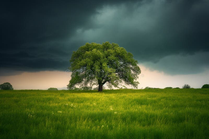 Oak Tree in Meadow. Calming Landscape of a Meadow with an Oak Tree in ...