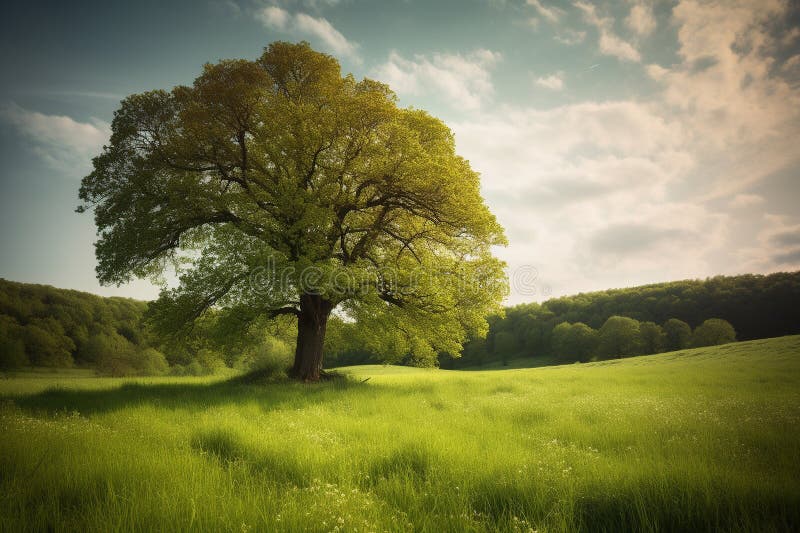 Oak Tree in Meadow. Calming Landscape of a Meadow with an Oak Tree in ...