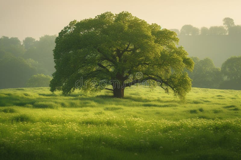 Oak Tree in Meadow. Calming Landscape of a Meadow with an Oak Tree in ...