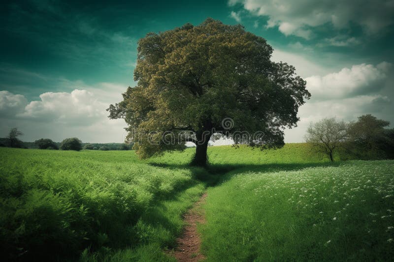 Oak Tree in Meadow. Calming Landscape of a Meadow with an Oak Tree in ...