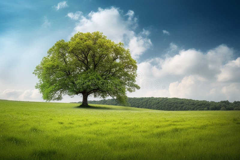 Oak Tree in Meadow. Calming Landscape of a Meadow with an Oak Tree in ...