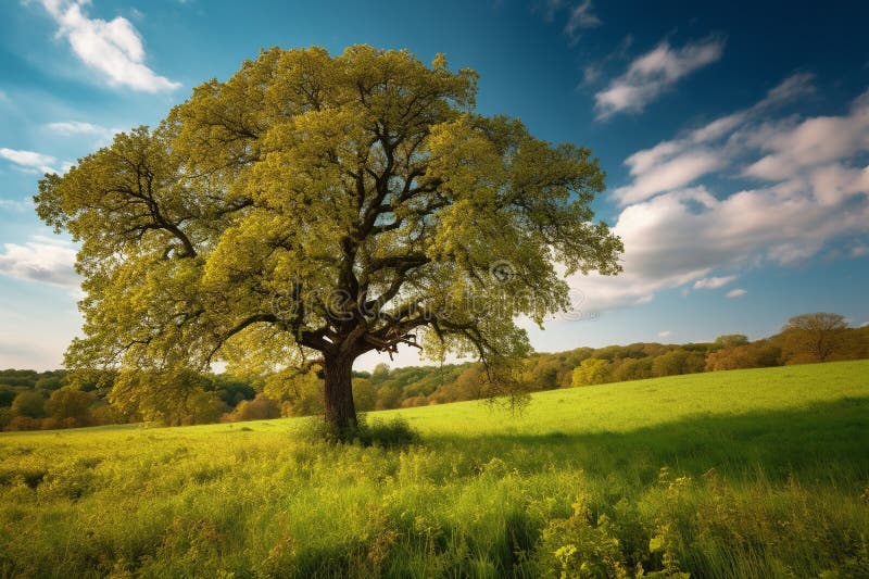 Oak Tree in Meadow. Calming Landscape of a Meadow with an Oak Tree in ...