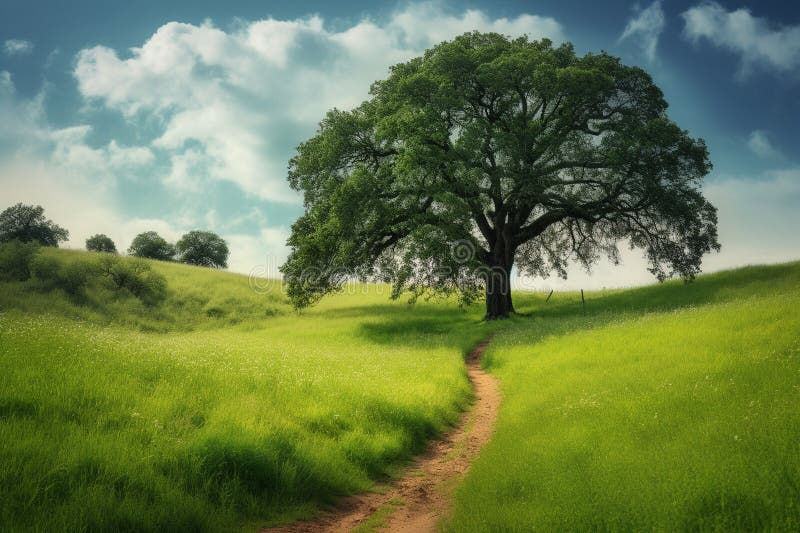 Oak Tree in Meadow. Calming Landscape of a Meadow with an Oak Tree in ...