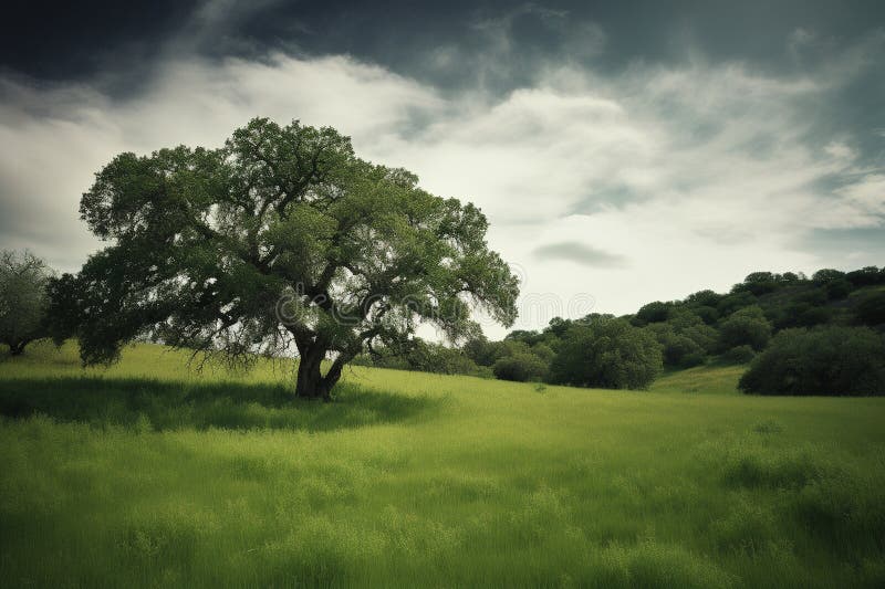 Oak Tree in Meadow. Calming Landscape of a Meadow with an Oak Tree in ...