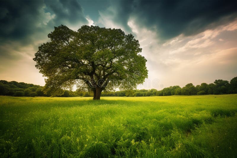 Oak Tree in Meadow. Calming Landscape of a Meadow with an Oak Tree in ...