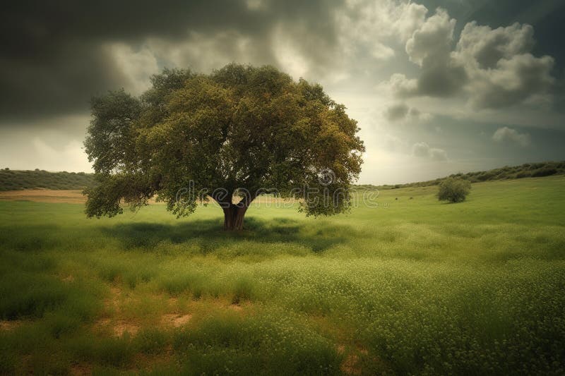 Oak Tree in Meadow. Calming Landscape of a Meadow with an Oak Tree in ...