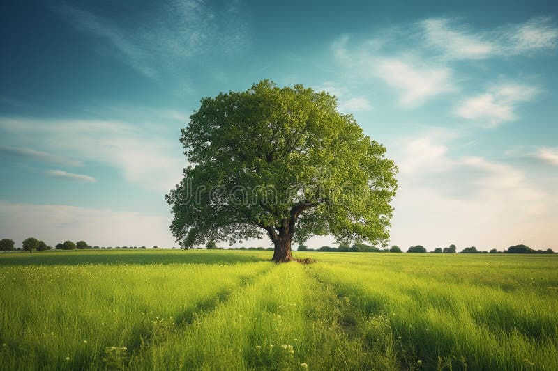 Oak Tree in Meadow. Calming Landscape of a Meadow with an Oak Tree in ...