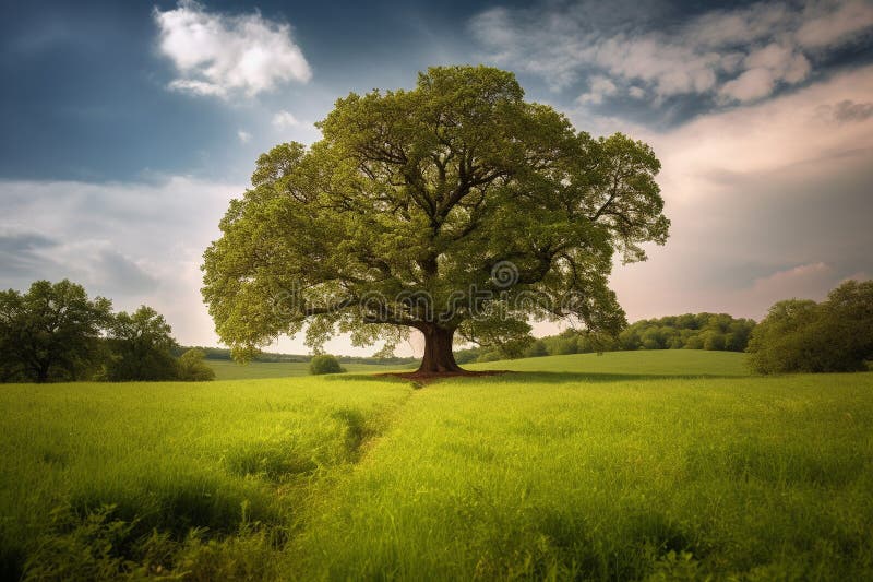 Oak Tree in Meadow. Calming Landscape of a Meadow with an Oak Tree in ...