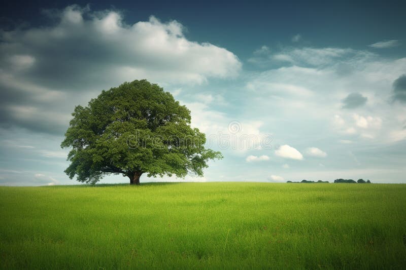 Oak Tree in Meadow. Calming Landscape of a Meadow with an Oak Tree in ...