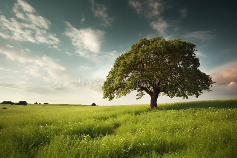 Oak Tree in Meadow. Calming Landscape of a Meadow with an Oak Tree in ...