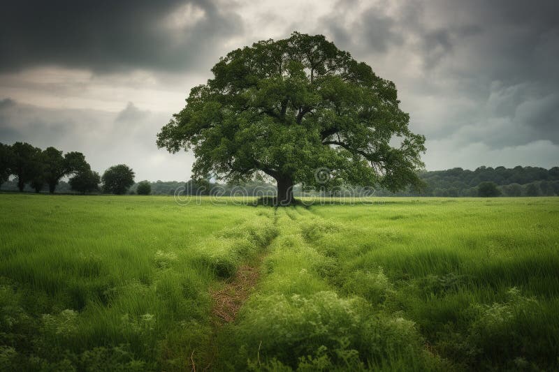 Oak Tree in Meadow. Calming Landscape of a Meadow with an Oak Tree in ...