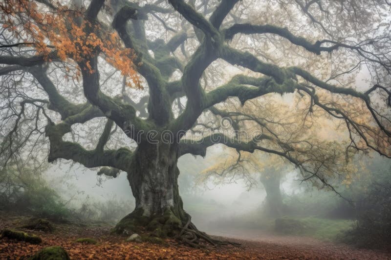 Oak Tree in Misty Forest Setting Stock Illustration - Illustration of ...