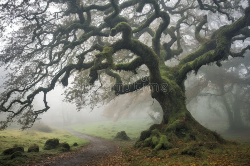 Oak Tree in Misty Forest Setting Stock Illustration - Illustration of ...