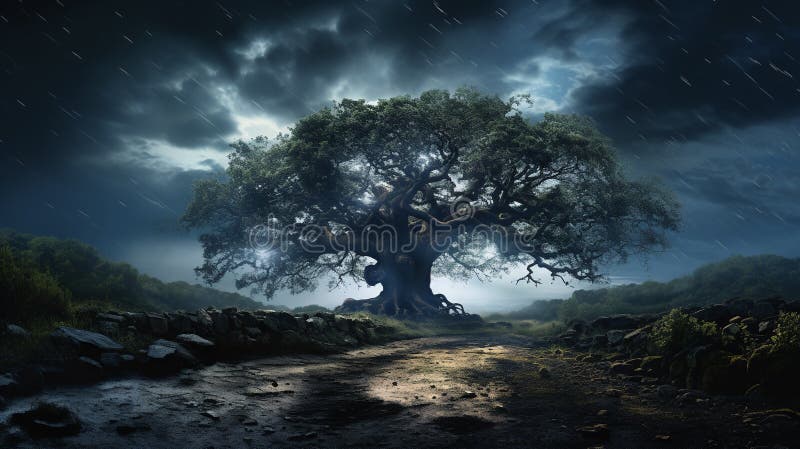 Oak Tree Obstructing the Dirt Road, Creating a Unique Scene Stock Photo ...